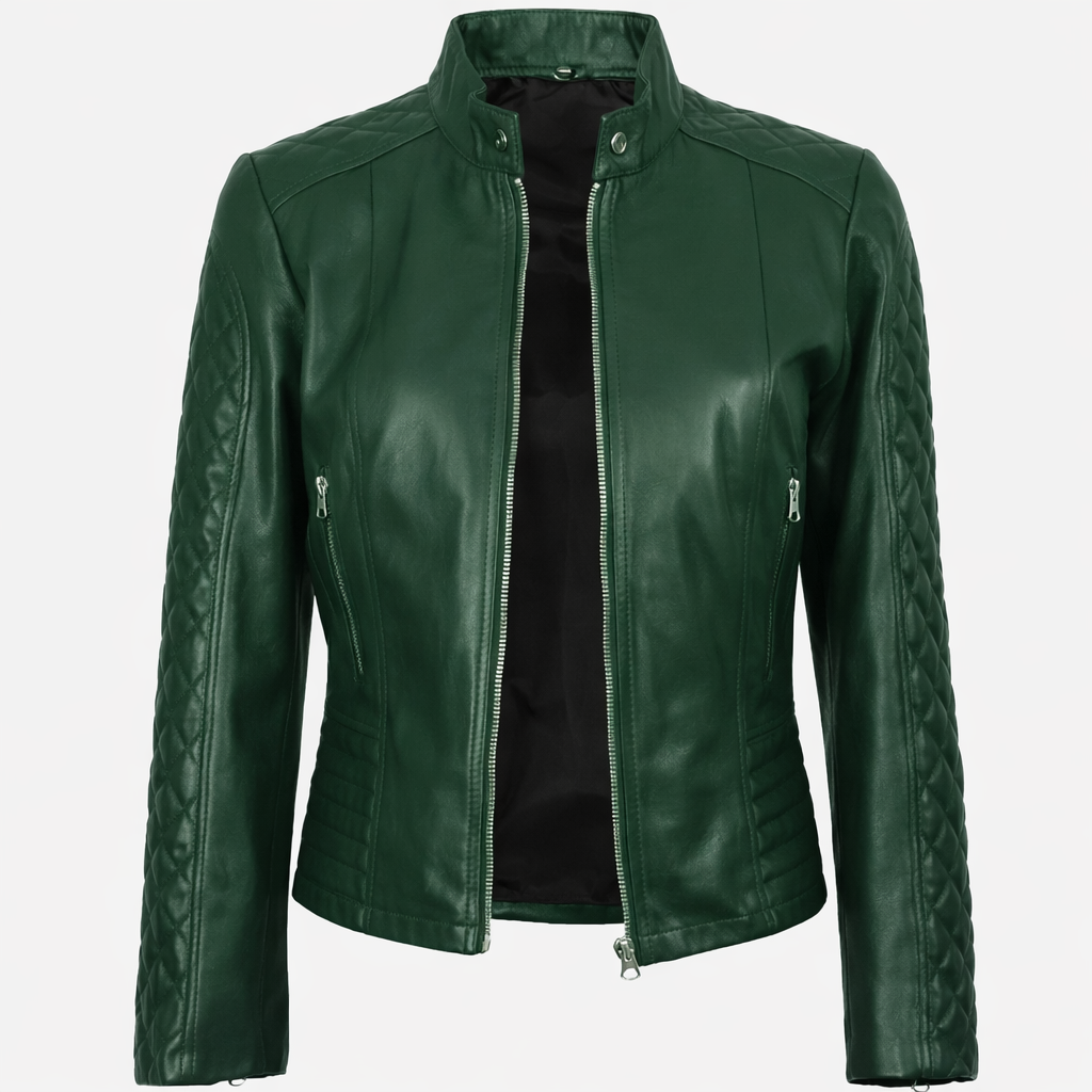 Women's Green Leather Biker Jacket - Quilted Sleeves Moto Style ...