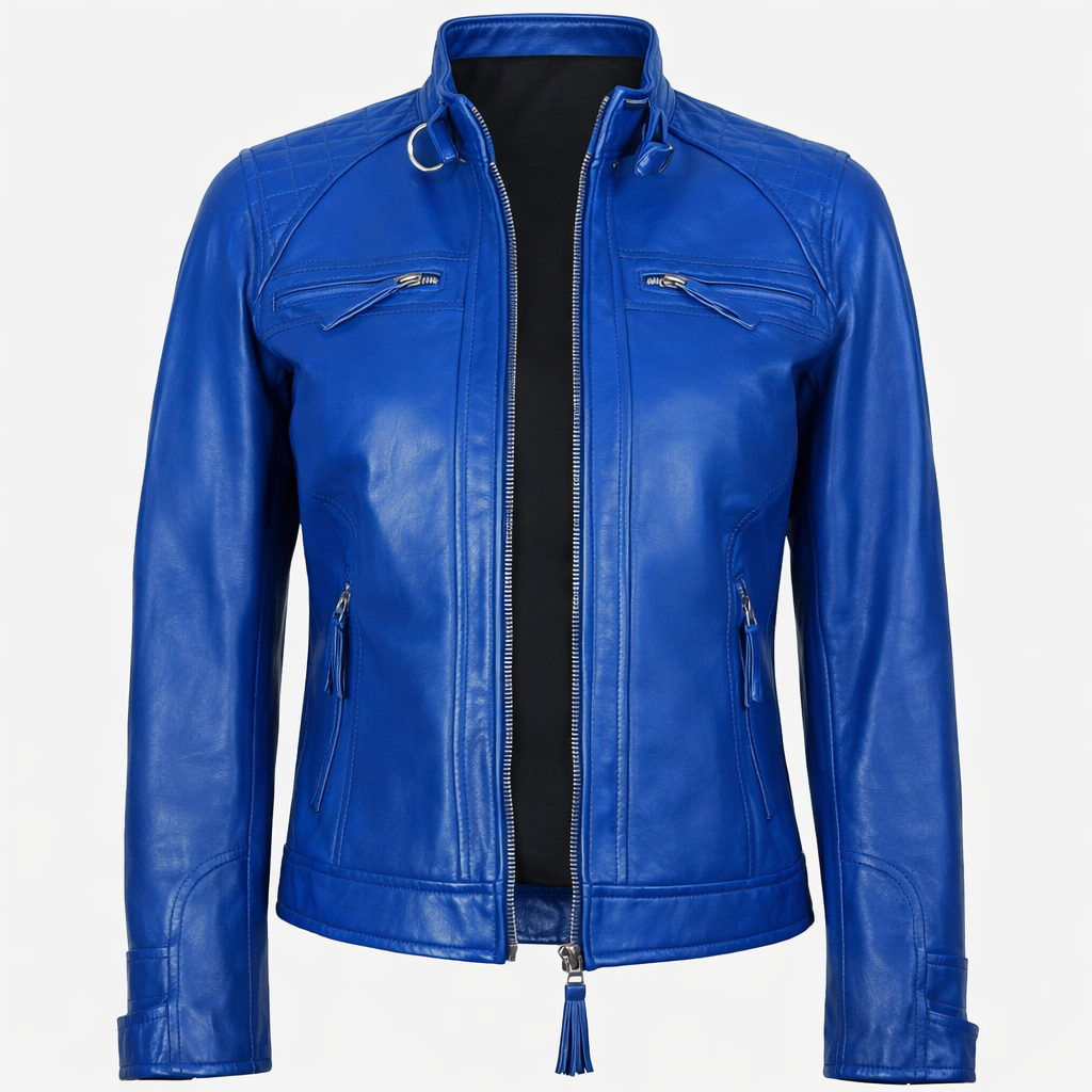 Women's Blue Leather Biker Jacket - Premium Slim Fit Moto Style ...