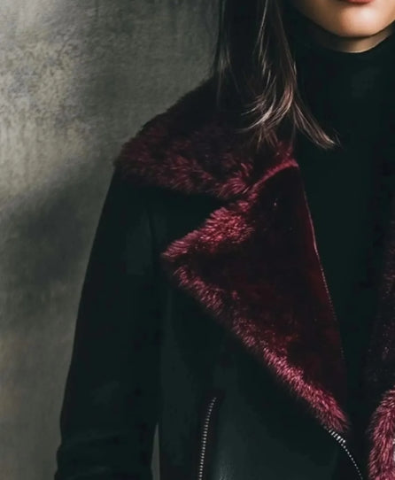 Women Black Leather Jacket With Burgundy Faux Fur | American Jacket Hub ...