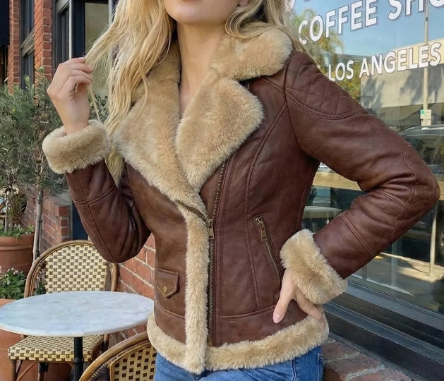 Women Brown Shearling Leather Jacket – americanjackethub