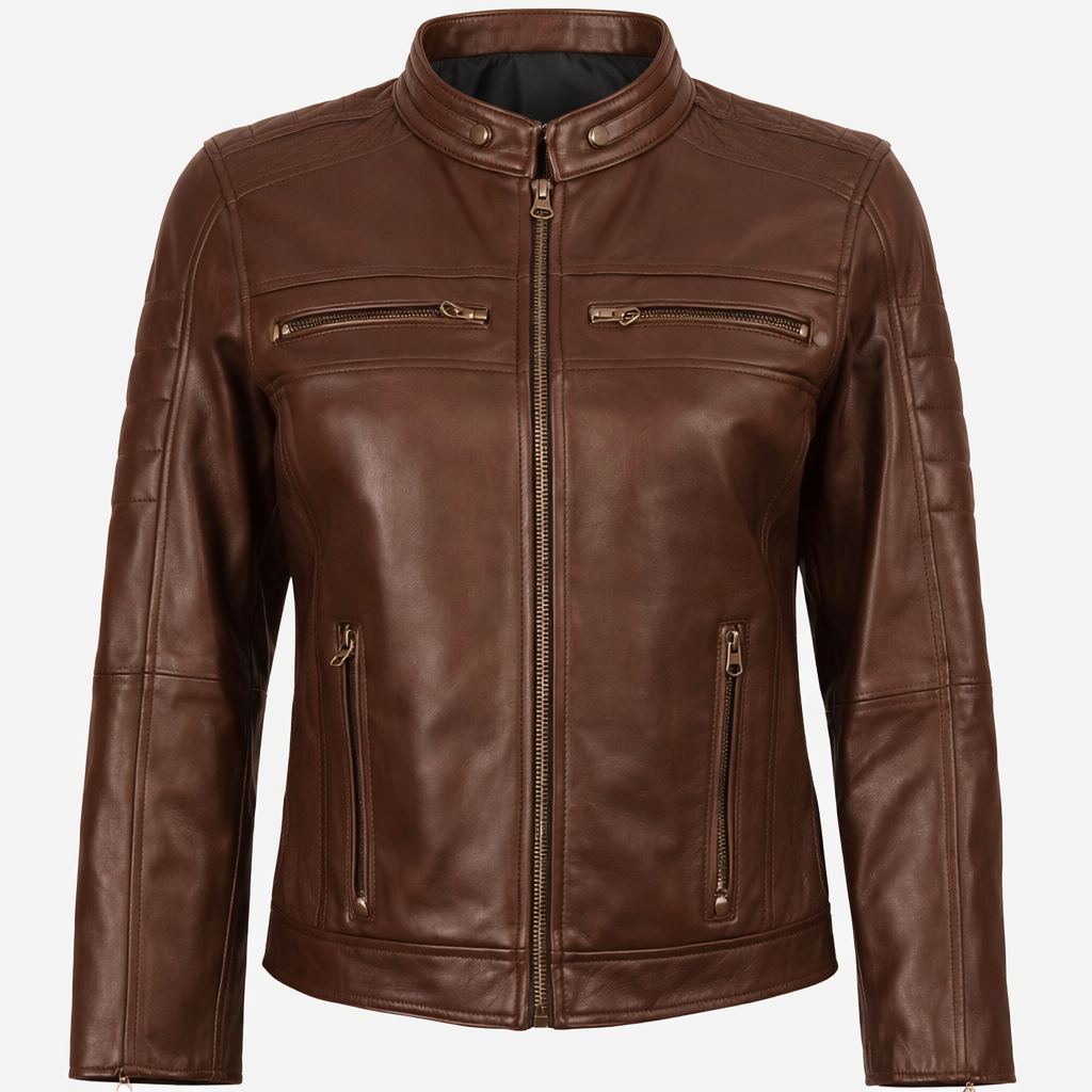 Women's Brown Leather Biker Jacket - Premium Moto Style – americanjackethub
