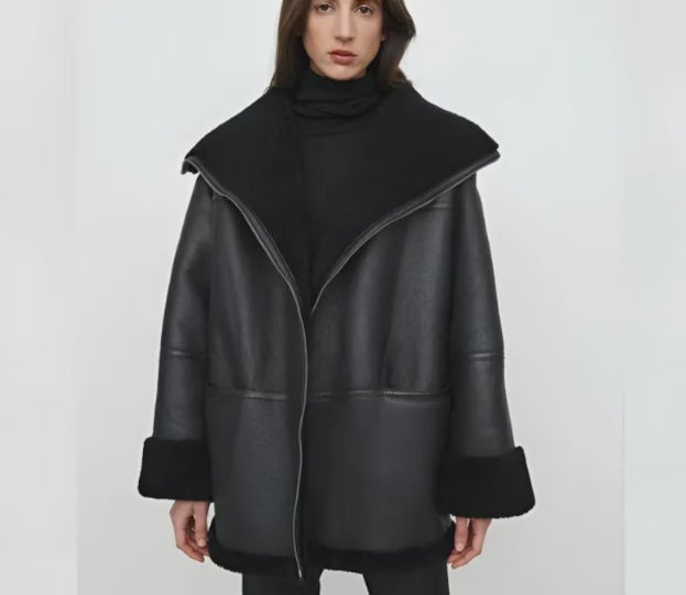 Women Black Leather Coat With Faux Fur Cuffs | American Jacket Hub ...