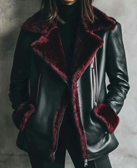 Women Black Leather Jacket With Burgundy Faux Fur | American Jacket Hub ...