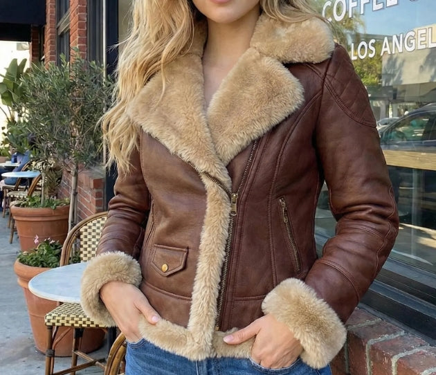 Women Brown Shearling Leather Jacket – americanjackethub