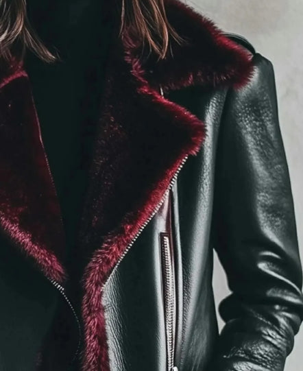 Women Black Leather Jacket With Burgundy Faux Fur | American Jacket Hub ...